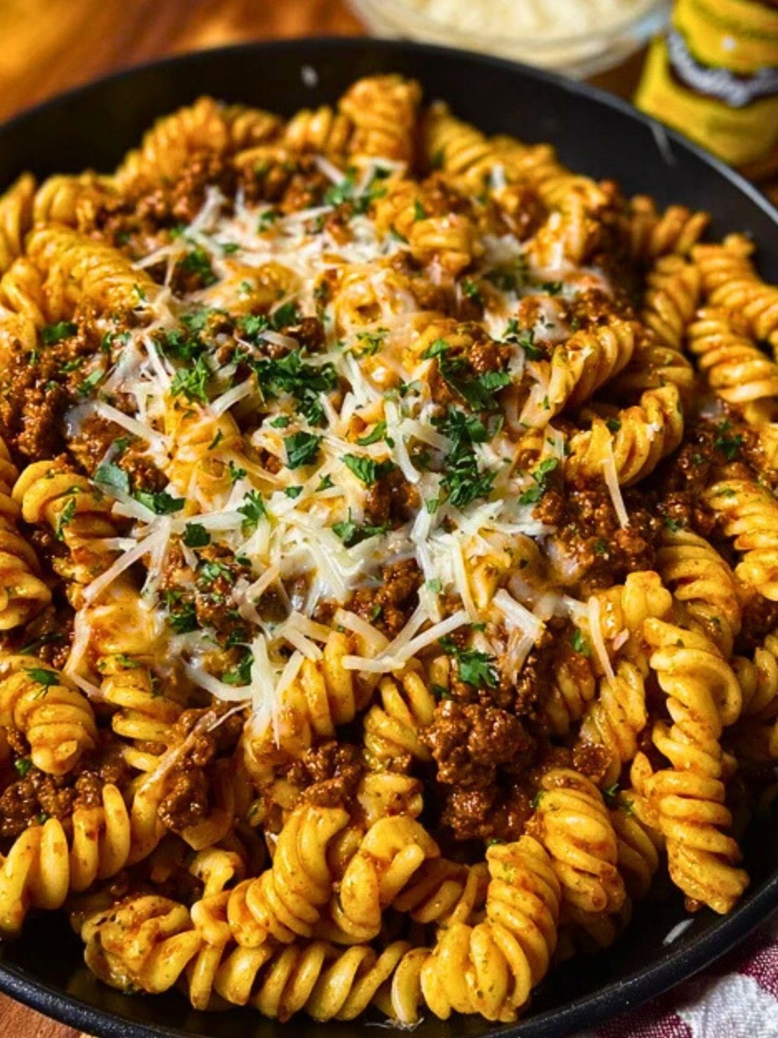 Cheesy Garlic Twisted Pasta with Cajun Ground Beef and Alfredo Velveeta