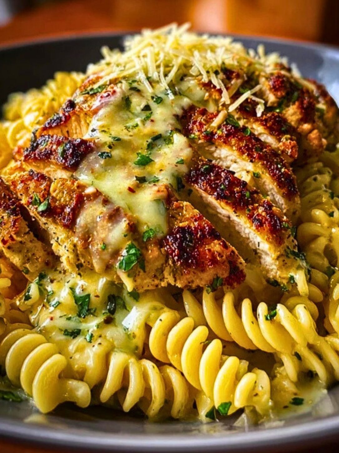 Creamy Cajun Chicken Rotini with Garlic Mozzarella Sauce
