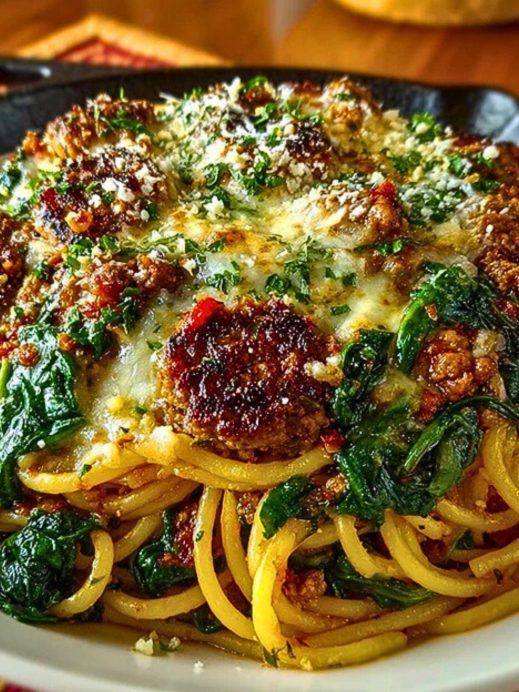 Garlic Butter Spaghetti with Cheesy Italian Sausage and Spinach