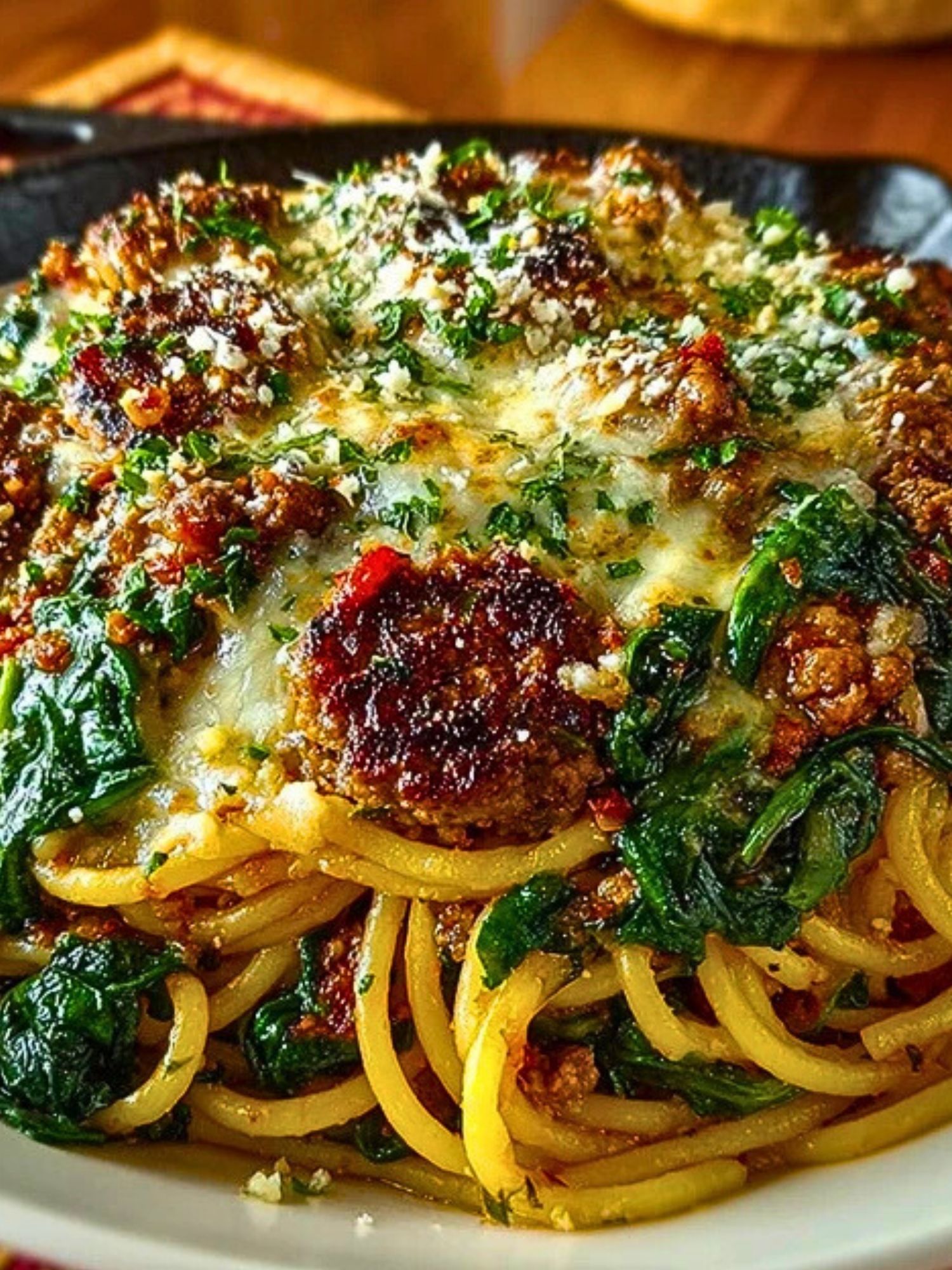 Garlic Butter Spaghetti with Cheesy Italian Sausage and Spinach
