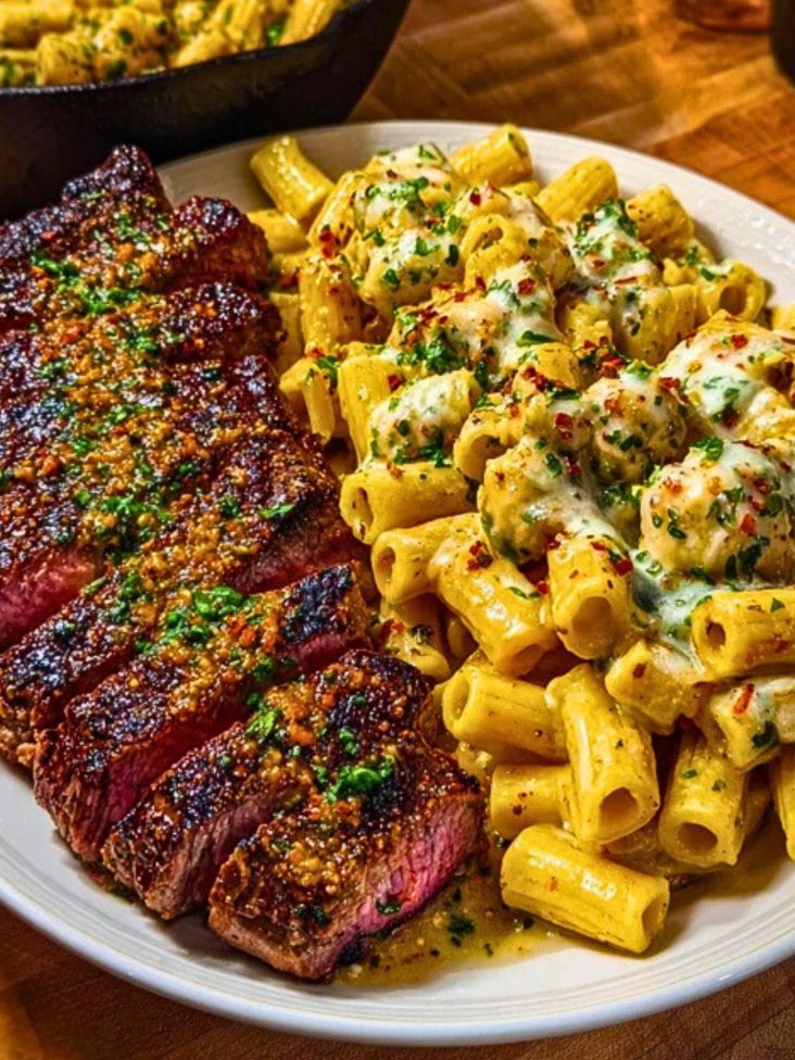 Cheesy Cajun Garlic Butter Steak with Creamy Rigatoni