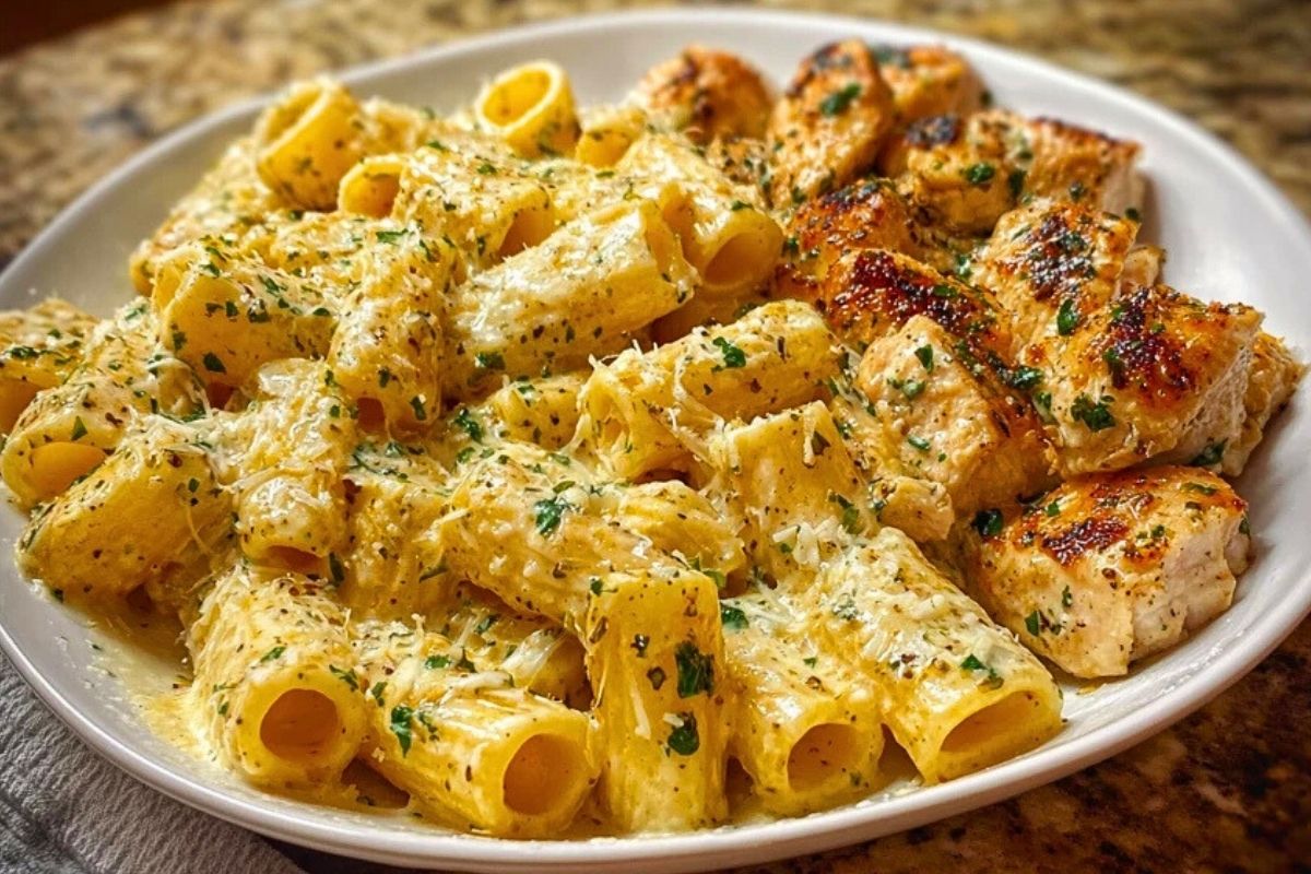 Cheesy Garlic Butter Chicken Rigatoni in Creamy Alfredo Sauce