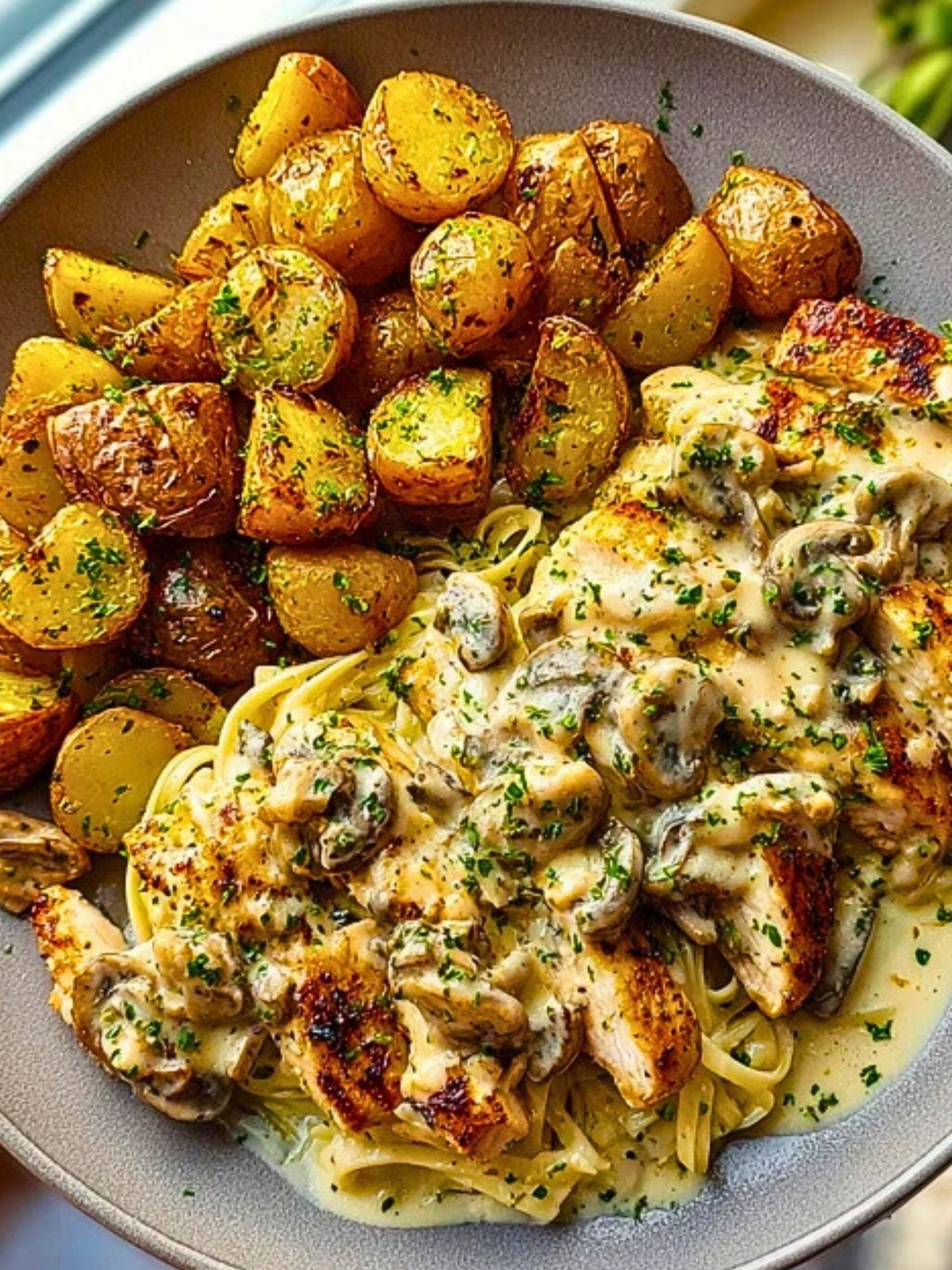 Creamy Mushroom Chicken Alfredo with Hot Honey Roasted Potatoes