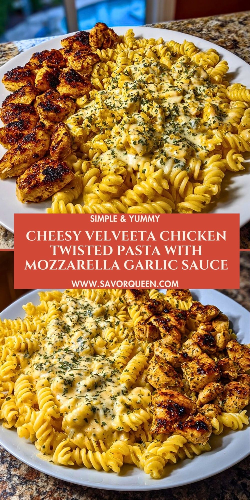 Cheesy Velveeta Chicken Twisted Pasta with Mozzarella Garlic Sauce