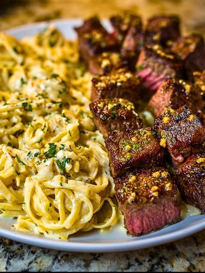 Garlic Butter Steak with Cheesy Linguine in Four-Cheese Sauce