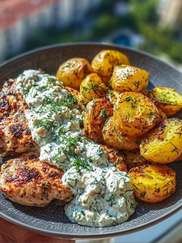 Spicy Yogurt Marinated Chicken with Dill Feta Cream & Crispy Baby Potatoes