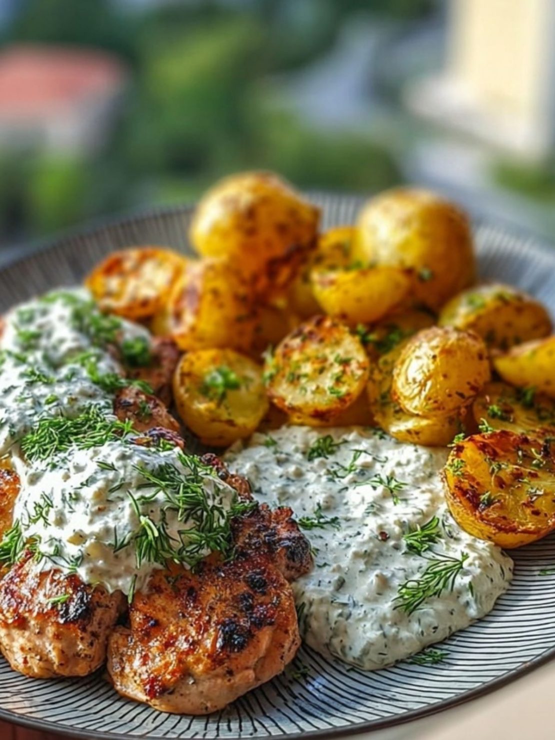 Spicy Yogurt Marinated Chicken with Dill Feta Cream & Crispy Baby Potatoes
